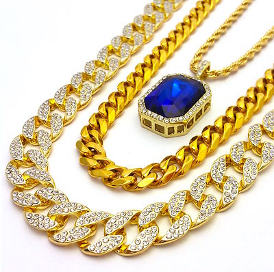 MENS LAB DIAMOND GOLD FINISH MIAMI CUBAN LINK CHAIN COMBO SET 3 ...