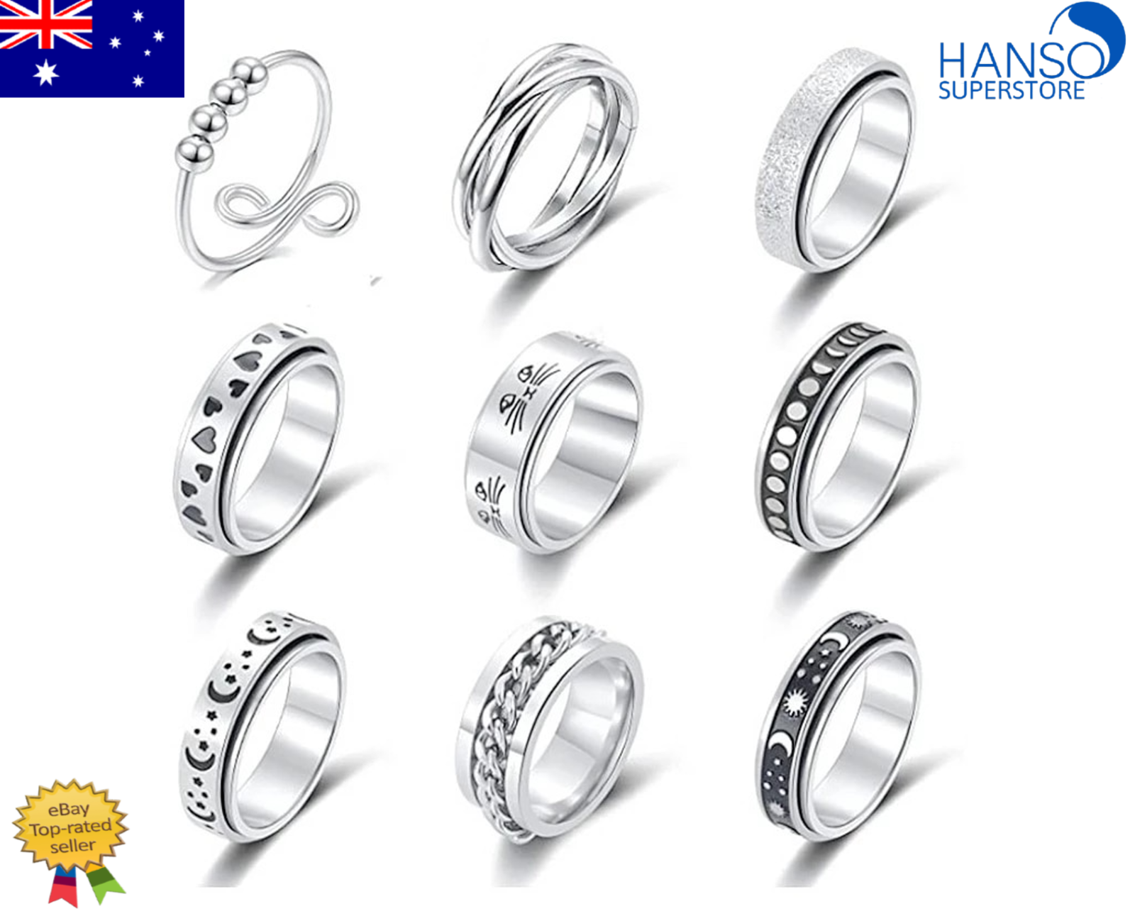 Anxiety Ring Fidget Rotating Spinner Rings Mens Womens Stainless Steel ...