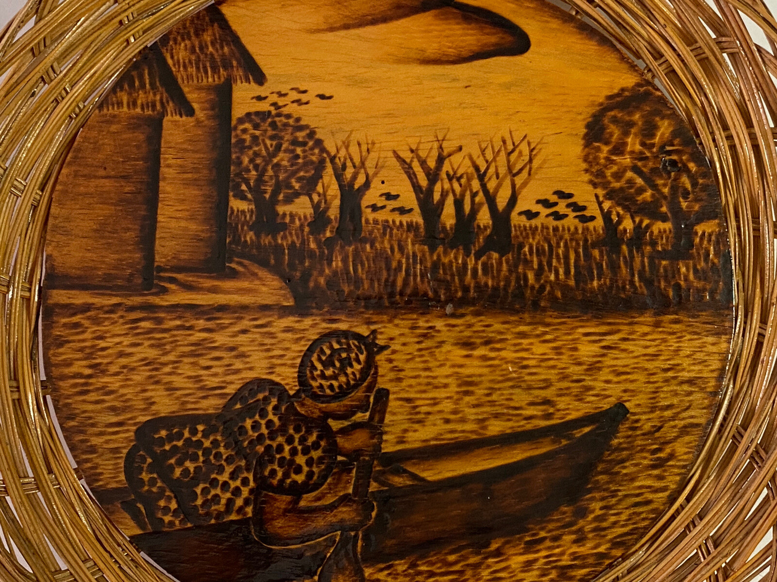 Unique Pyrography Wood Burning Art Woman in Canoe Wood & Wicker Folk ...