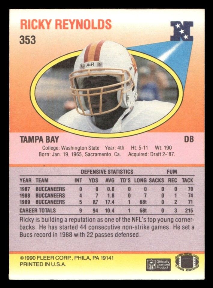 1990 Fleer Ricky Reynolds #353 Tampa Bay Buccaneers | eBay