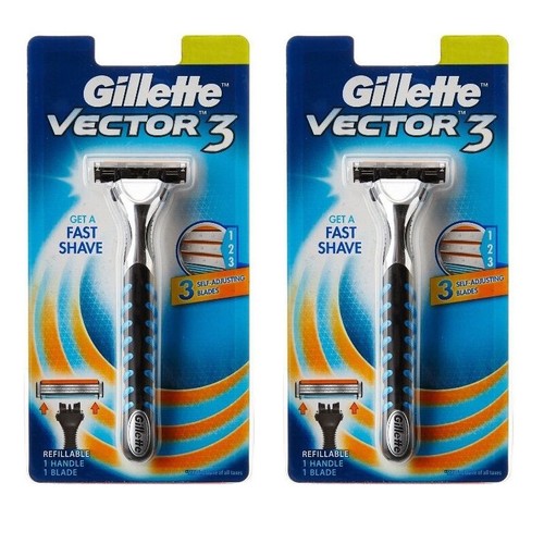 2 Pk Gillette Vector 3 Razor Handle with 1 Refill Cartridge fits Sensor ...