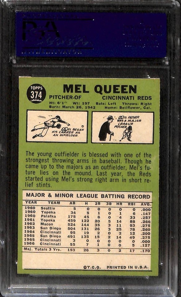 1967 TOPPS #374b Mel Queen (Complete line under stats) PSA 8OC 18526740 ...