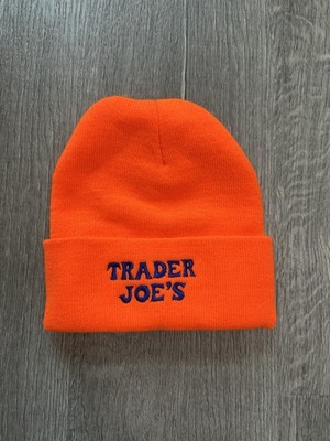 Trader Joes Beanie Hat Cap One Size Neon Orange Embroidered Knit Crew ...