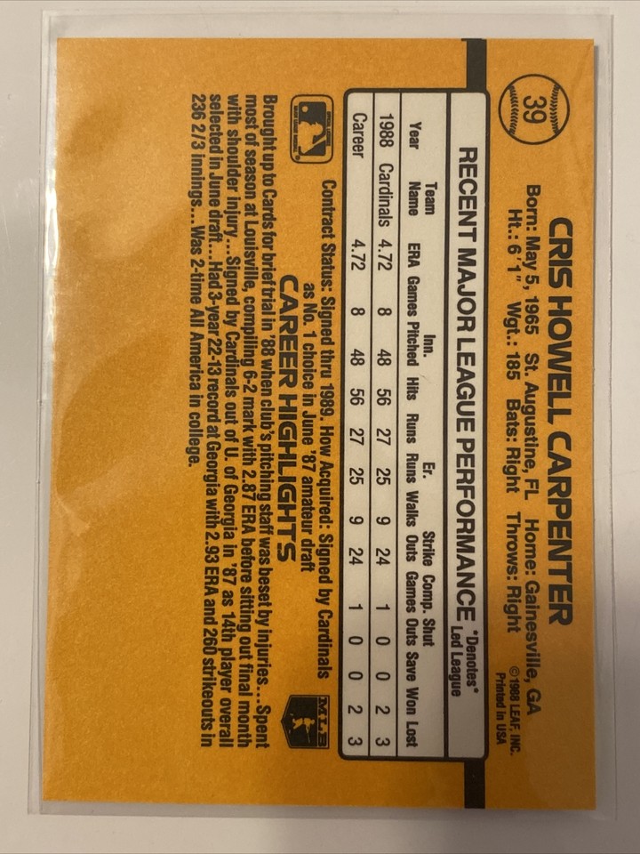 1989 Donruss CRIS CARPENTER RATED ROOKIE St. Louis Cardinals MLB ...