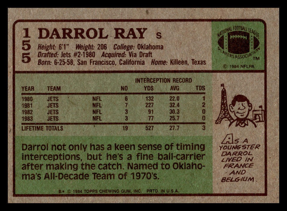 1984 Topps Darrol Ray #155 New York Jets | eBay
