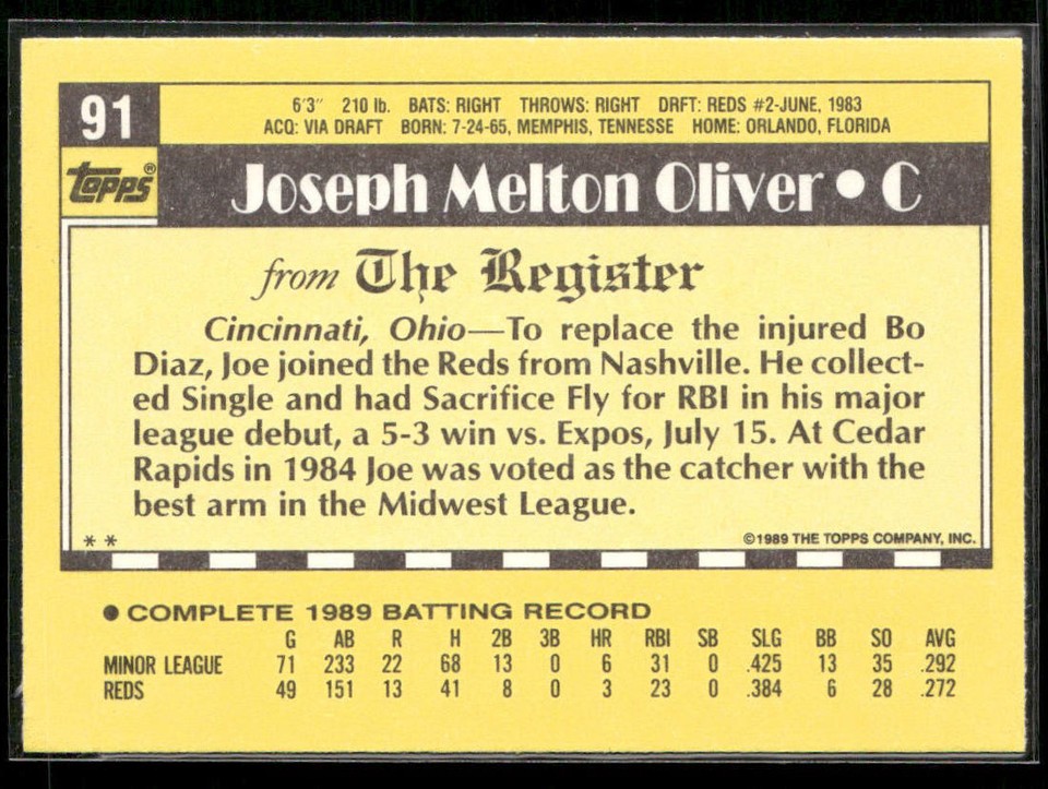 1990 Topps Major League Debut 1989 #91 Joe Oliver | eBay