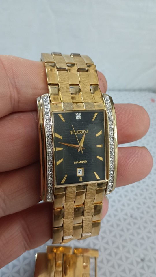 ELGIN DIAMOND Men's Watch Gold Tone Quartz FG509ST Extra Links ...