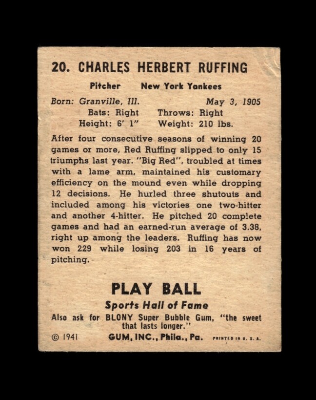 1941 Play Ball Set-Break # 20 Red Ruffing VG-VGEX (crease) *GMCARDS* | eBay