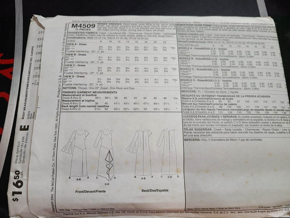 McCalls M4509 sewing pattern - Sizes 12,14, 16 and 18 - stunning dress ...