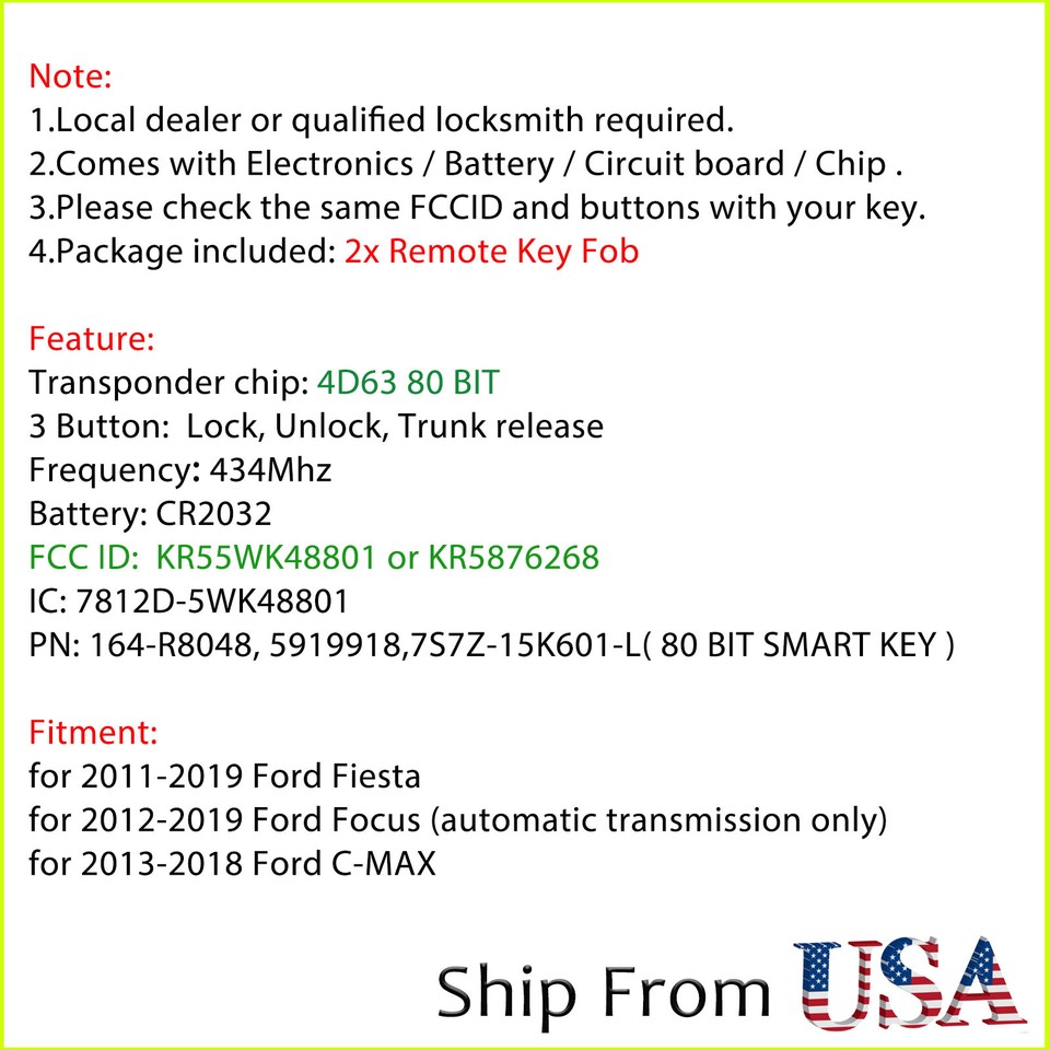 2 Smart Remote Key Fob for 2013 2014 2015 2016 2017 2018 Ford Focus ...