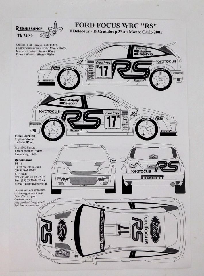Decal Renaissance Ford Focus WRC RS 1:24 Tk 24/80 Monte Carlo 2001 ...