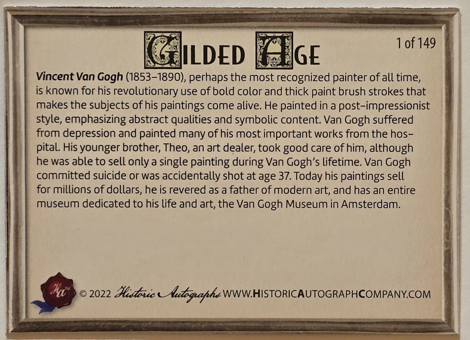 Vincent Van Gogh 2022 Historic Autographs Gilded Age RADIANT #156 Card ...