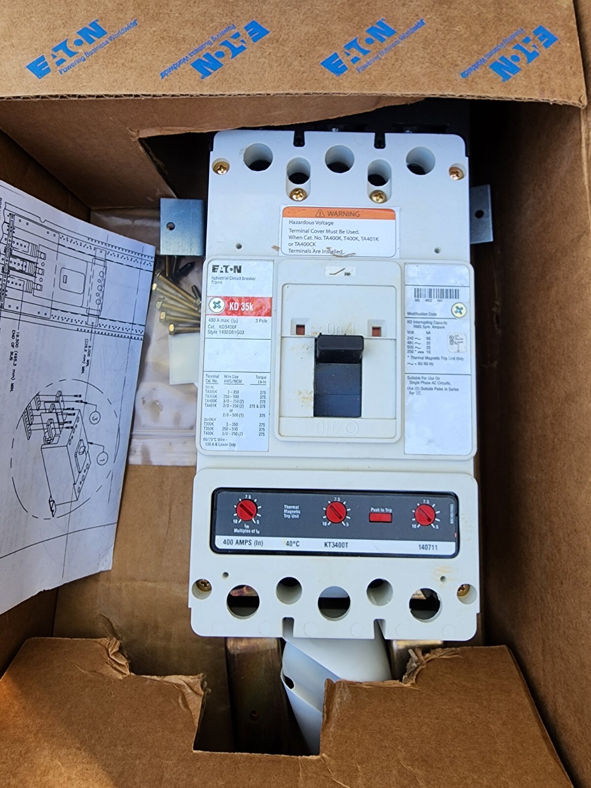 KD3400F -EATON 400A AMP 3P POLE 600V 35kA@480V BOLT ON BREAKER W/RED ...