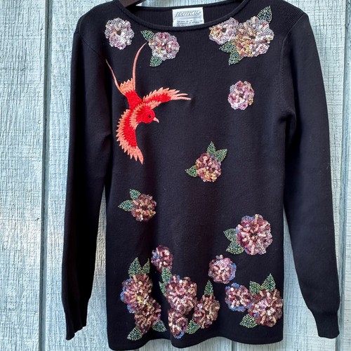 Side Effects Black Embellished Bird & Floral Beaded Sequin Knit Sweater ...