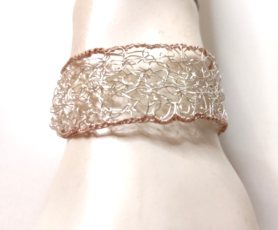 NEW WIRE BRACELET SILVER SOFT CROCHET SILK YARN TRIM SLIDE CLOSURE | eBay