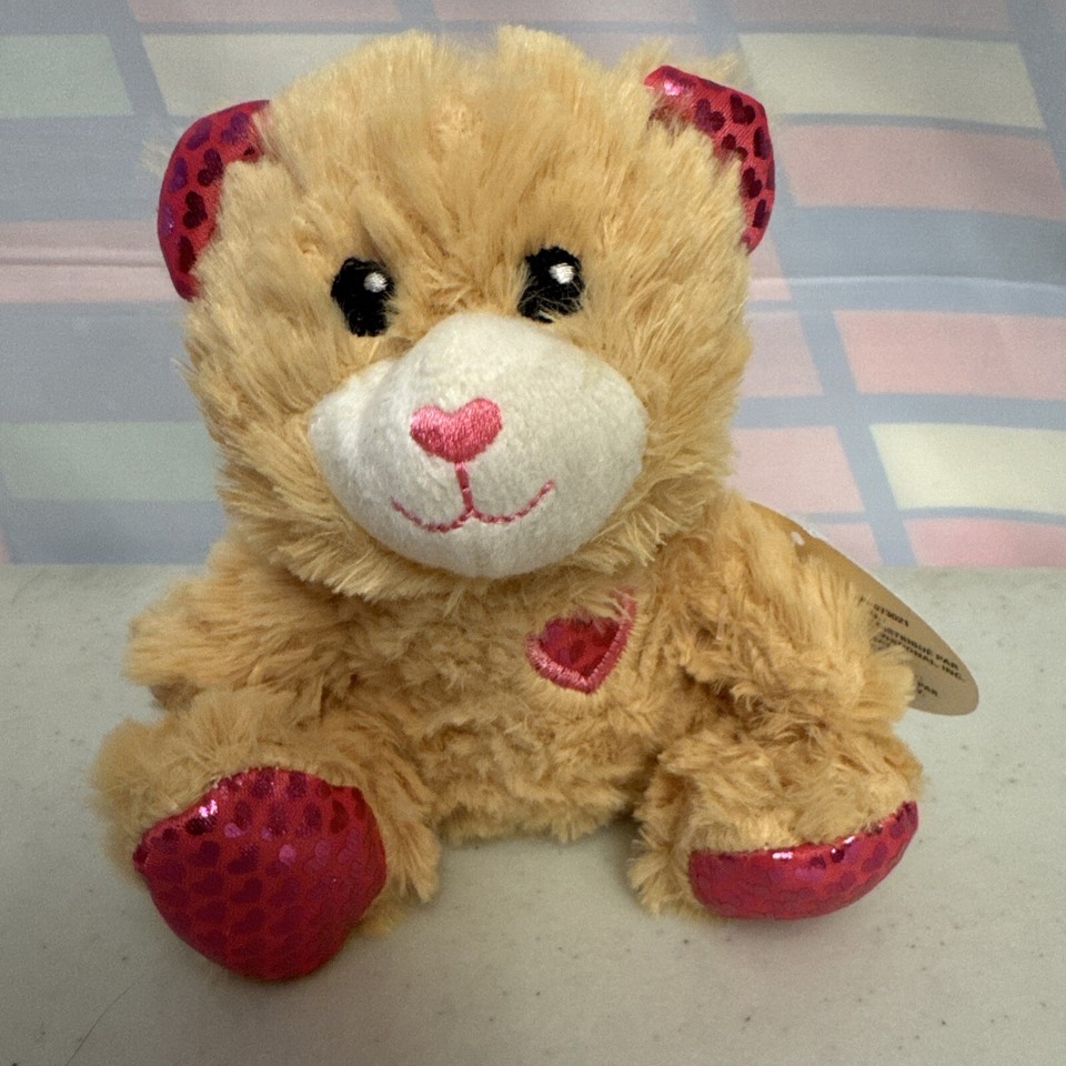 Small Pink Fluffy Valentine Teddy Bear Plush Embroidered Eyes Love ...