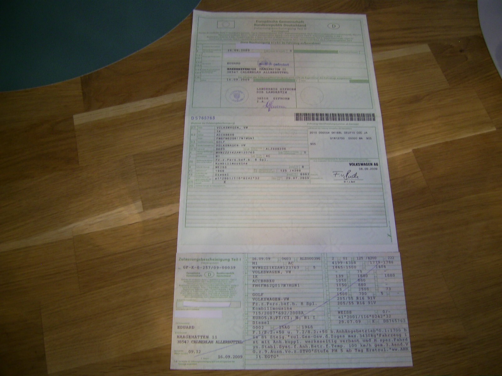 KFZ BRIEF VW GOLF 6 TDI 2009*** | eBay.de