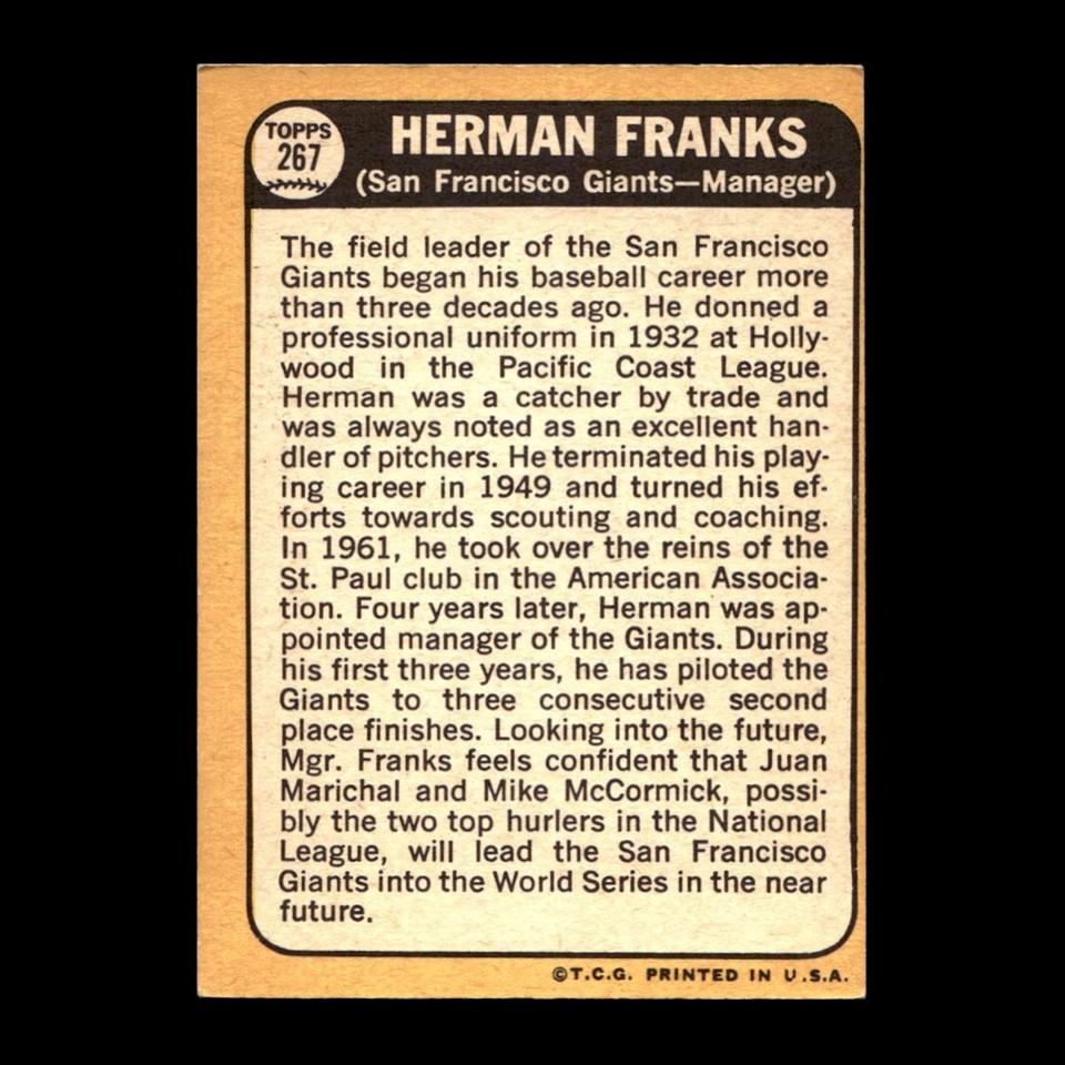 Herman Franks 1968 Topps San Francisco Giants #267 Nice R303 | eBay