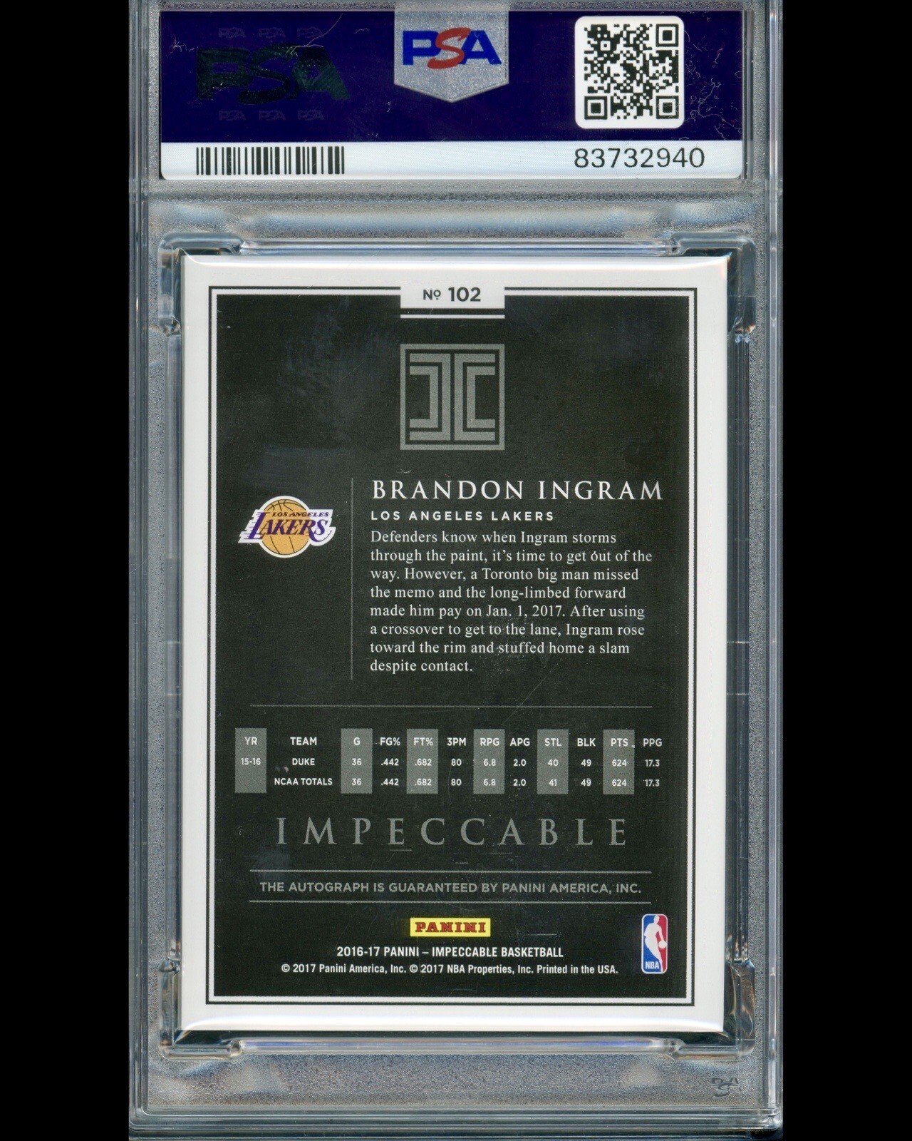 2016-17 Panini Impeccable - Rookie Autographs #102 Brandon Ingram /75 ...