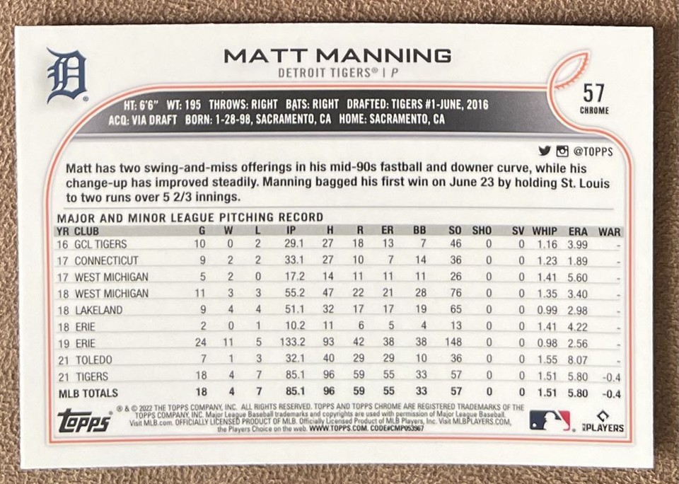 2022 Topps Chrome Matt Manning Rookie Detroit Tigers #57 MLB Baseball ...