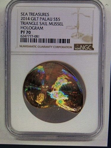 2014 Palau Sea Treasures Silver $5 Triangle Sail Mussel Hologram PF70 ...