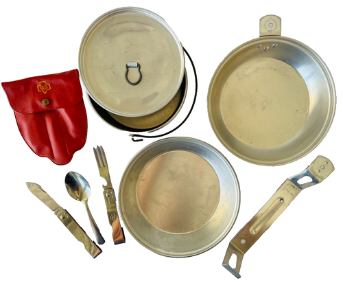 1960s Girl Scout Camping Mess Kit Red Imperial Knife Fork Spoon Pots ...