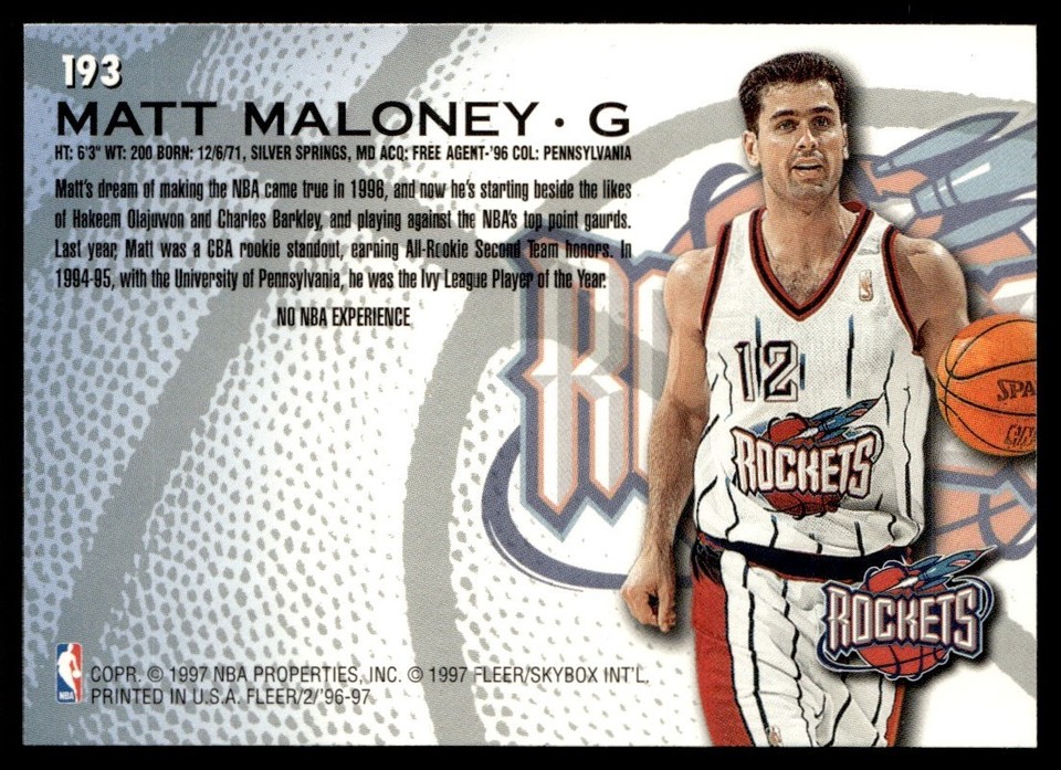 1996-97 Fleer Matt Maloney Rookie Houston Rockets #193 | eBay