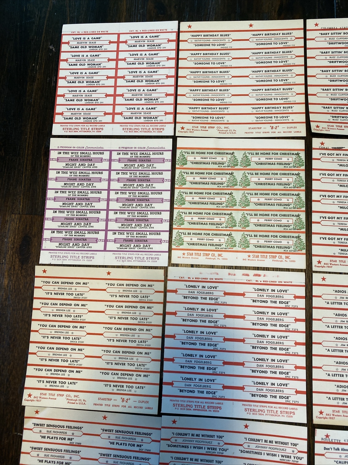 LARGE LOT OF 250 ORIGINAL JUKEBOX RECORD TITLE STRIPS - 25 Sheets Of 10 ...