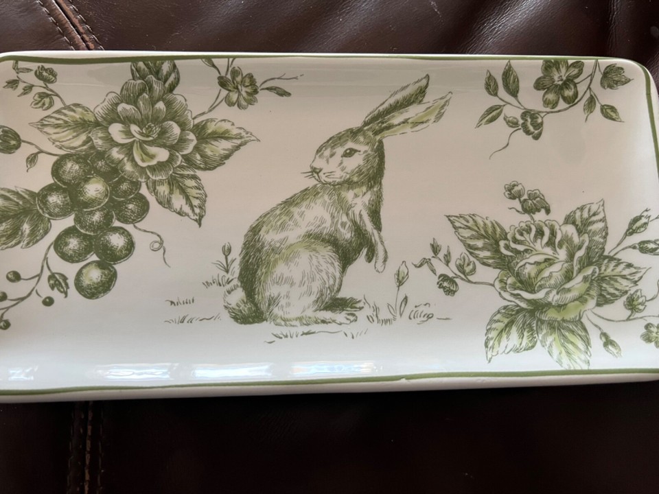 New Maxcera Toile Bunny Green Rabbit Easter Tray 10 3/4 x 5” | eBay