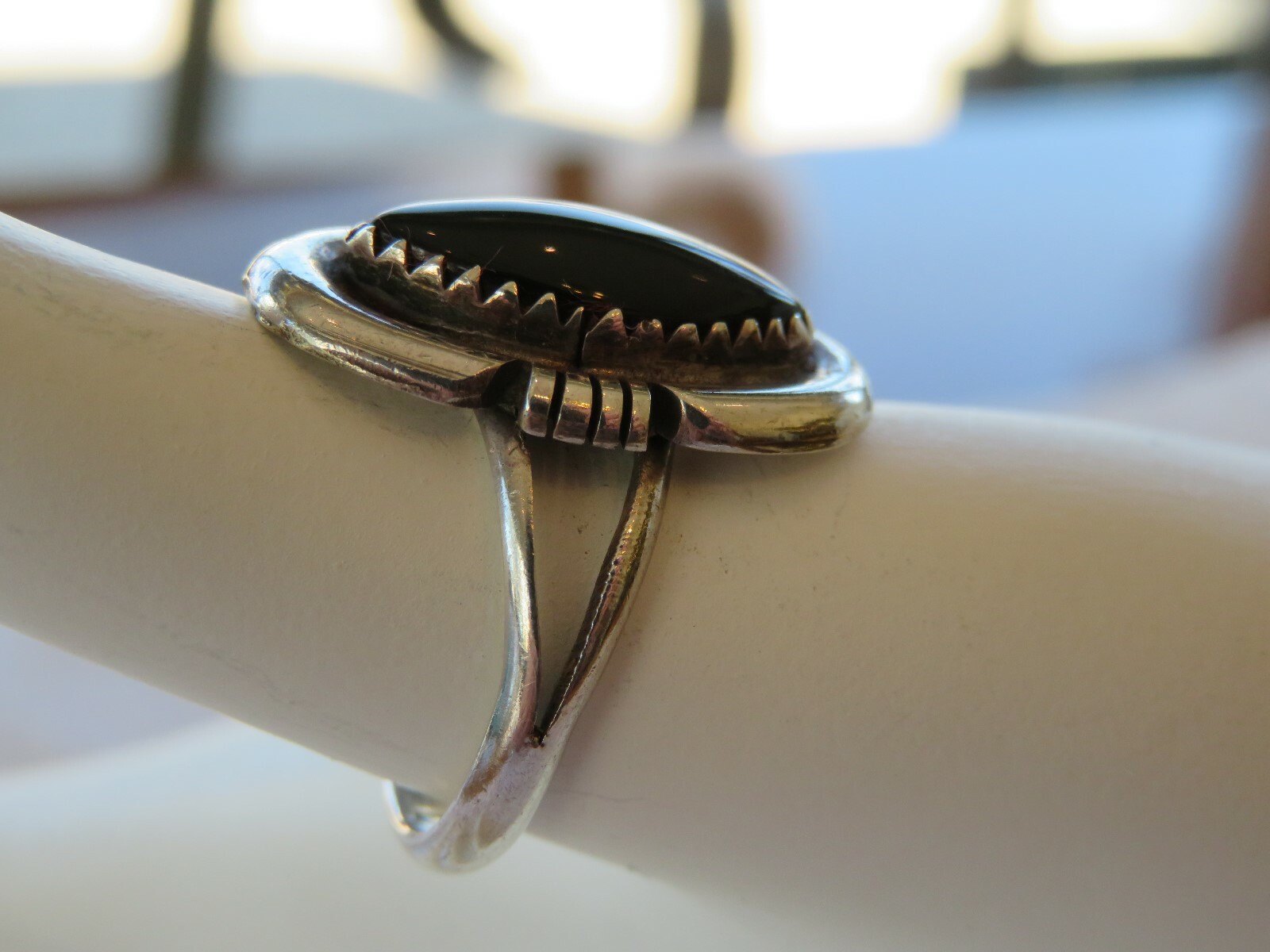 MARY DAYEA NATIVE AMERICAN STERLING SILVER BLACK ONYX ELONGATED RING ...