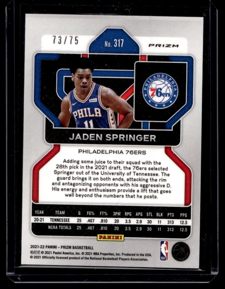 2021-22 Panini Prizm Jaden Springer Purple Fast Break Prizm RC #'d/75 ...