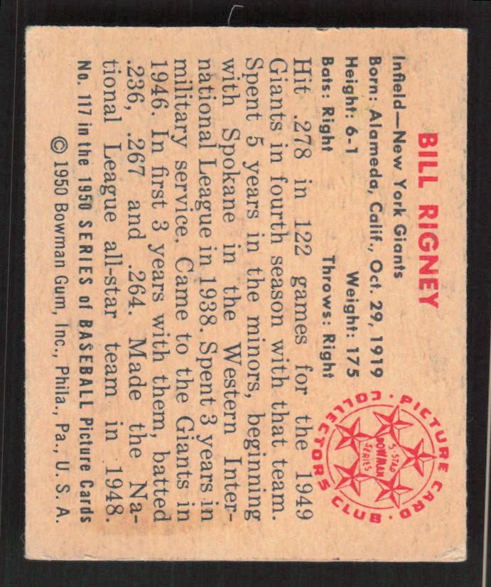 1950 BOWMAN BILL RIGNEY 117 FAIR BASEBALL NEW YORK GIANTS | eBay