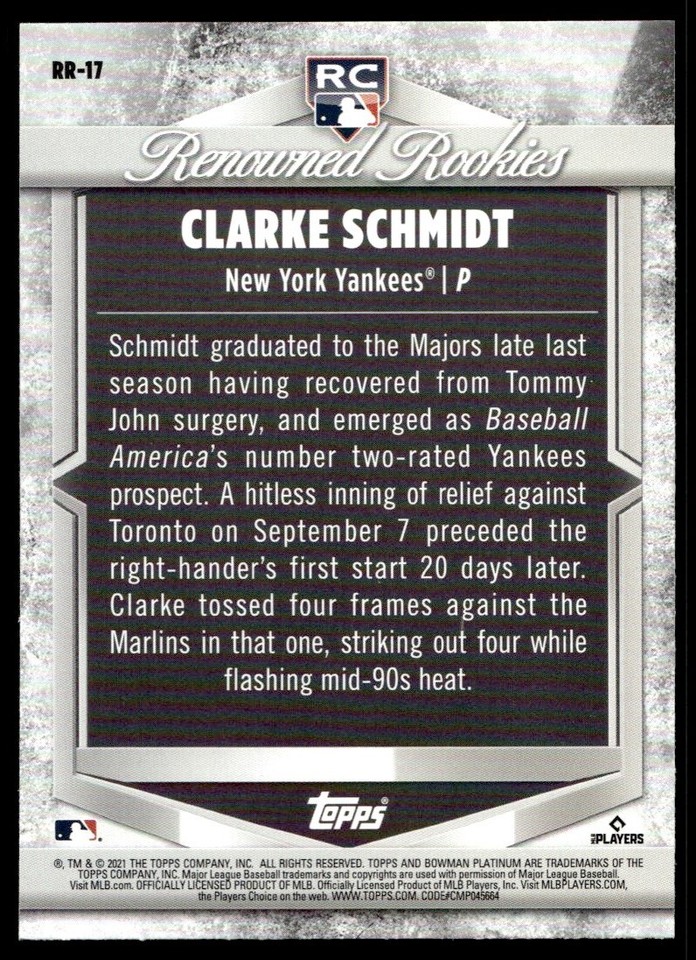 2021 Bowman Platinum Renowned Rookies Clarke Schmidt Rookie New York ...