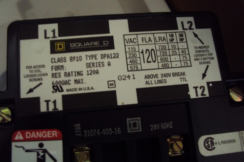 SQUARE D 8910-DPA 122V01 DEFINITE PURPOSE CONTACTOR , TYPE DPA122 ...