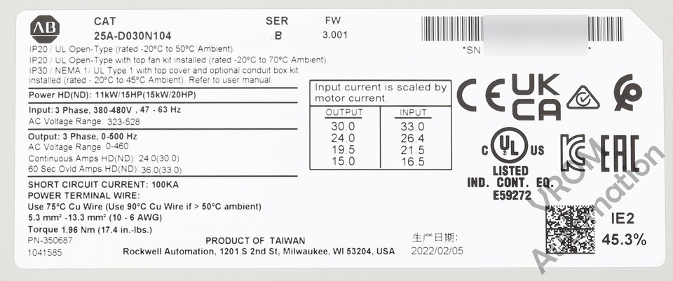 Allen Bradley 25A-D030N104 /B PowerFlex 523 480V 30A 20HP IP20 NEMA ...