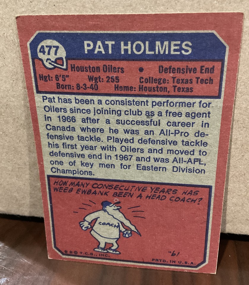 PAT HOLMES 1973 TOPPS FOOTBALL CARD #477 - HOUSTON OILERS | eBay