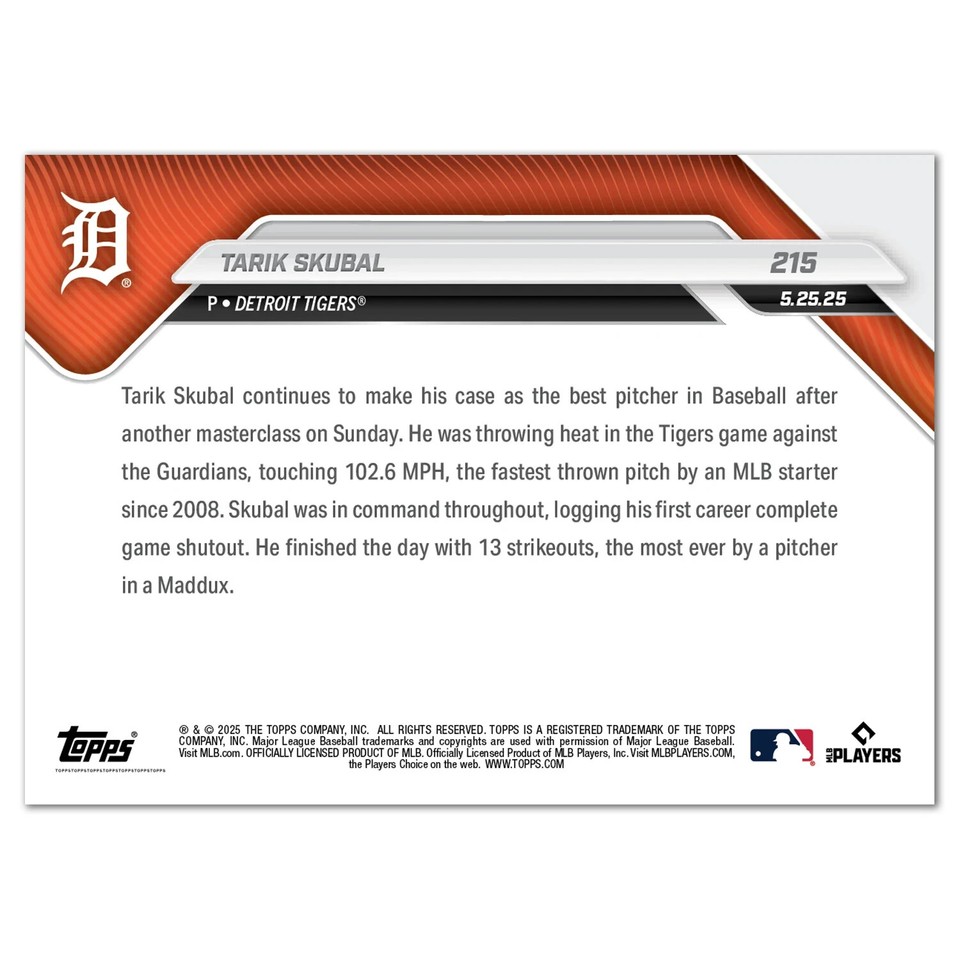Tarik Skubal 2025 Topps Now card 215 Complete Game Shutout 13 K SHIPS ...