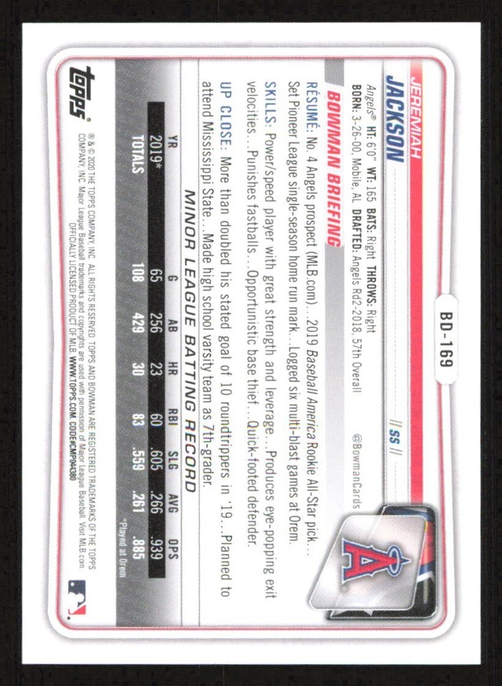 2020 Bowman First 1st Edition JEREMIAH JACKSON card LOS ANGELES ANGELS ...