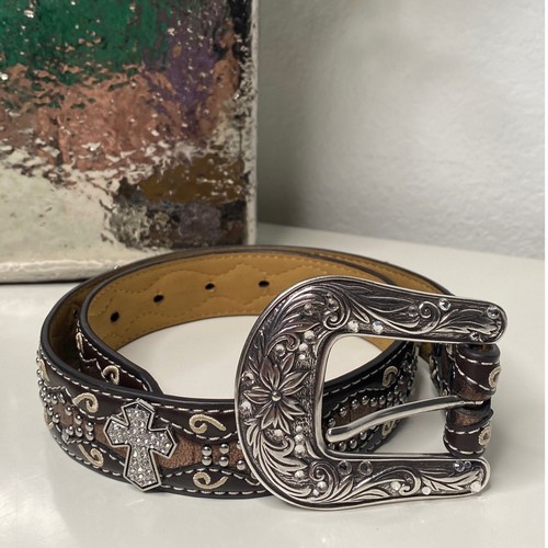 Ariat Western Belt Women's Brown Rhinestone Cross Silver Buckle Size 24 ...