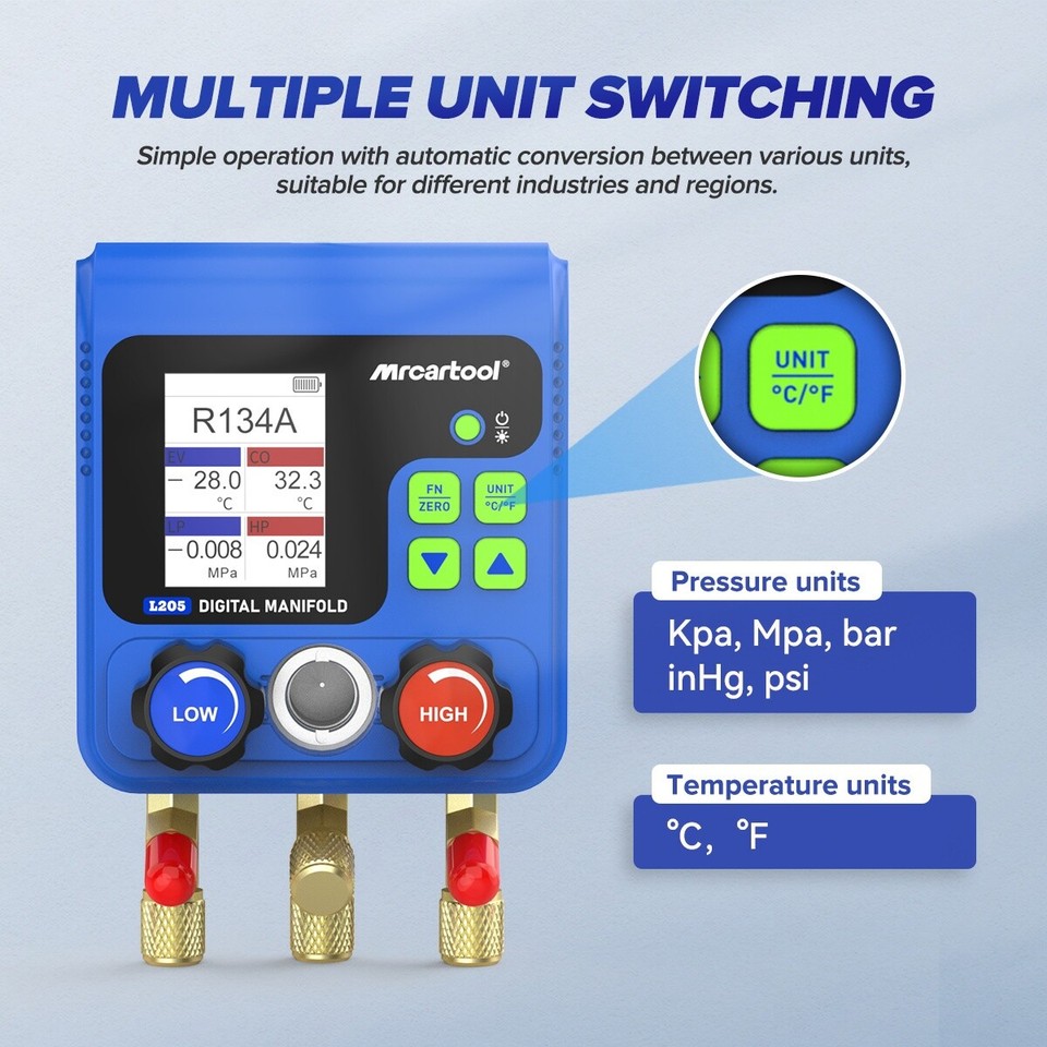 Digital AC Manifold Gauge Set with 92 Refrigerant Data Dual Pressure ...
