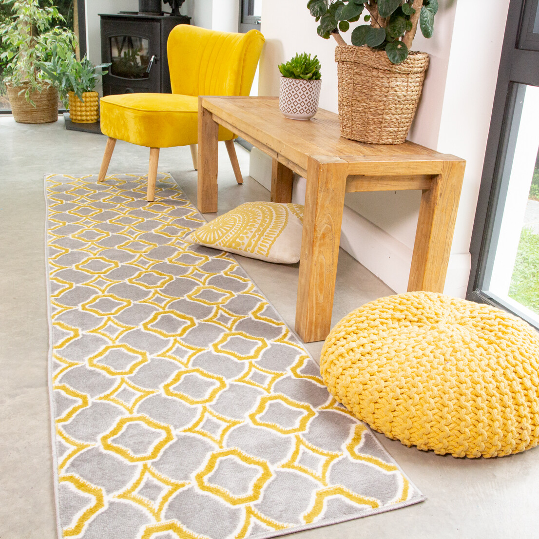 Modern Yellow Ochre Long Runner Rugs Soft Geometric Narrow Thin Hallway ...
