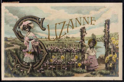 CD076 ART NOUVEAU NAME SUZANNE Large LETTERS LADY & GIRL PHOTOMONTAGE ...