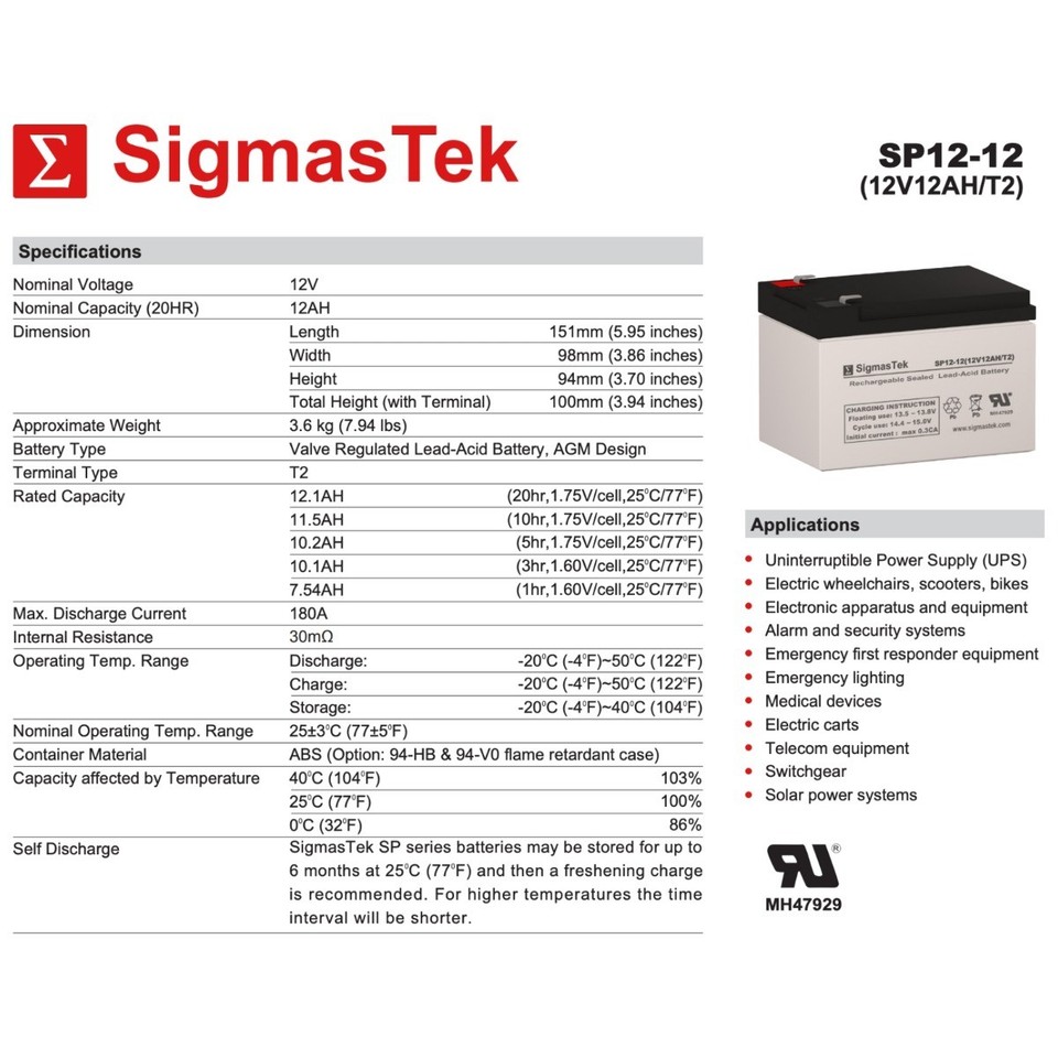 SigmasTek SP12-12 (T2) SLA AGM 12V 12Ah (F2) Battery Compatible w ...