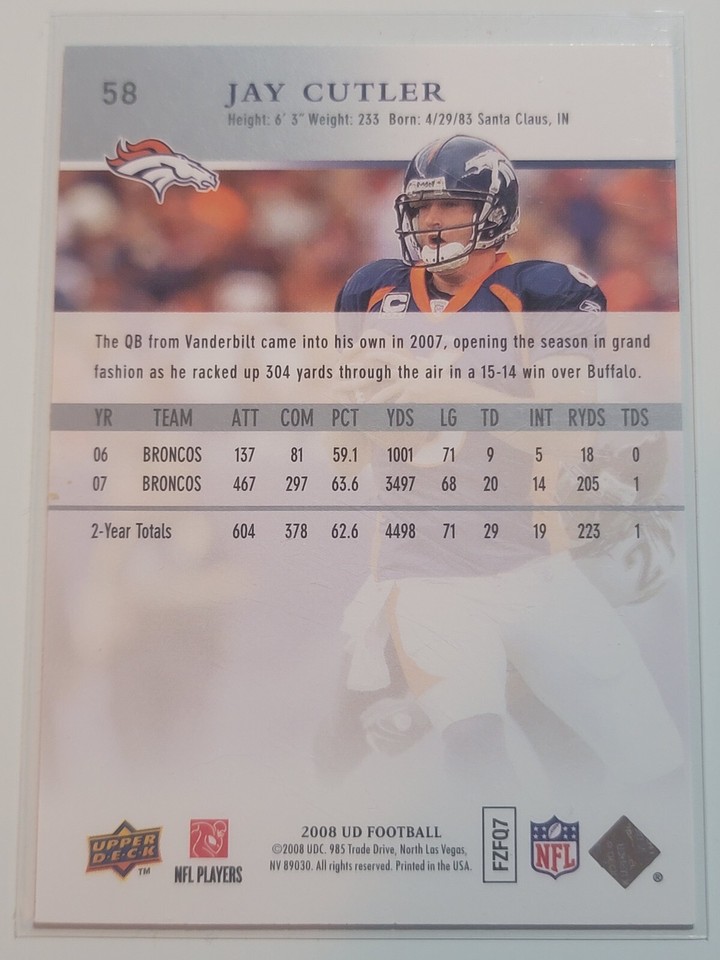 JAY CUTLER 2008 Upper Deck #58. BRONCOS | eBay