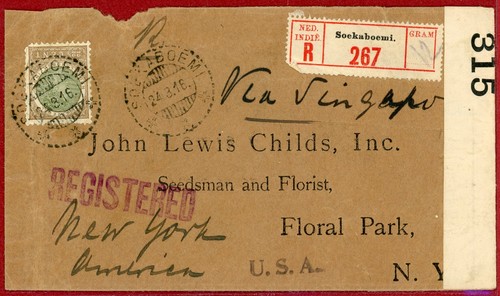 Netherlands Indies 1916, 22c on Reg Cover, Soekaboemi to New York ...