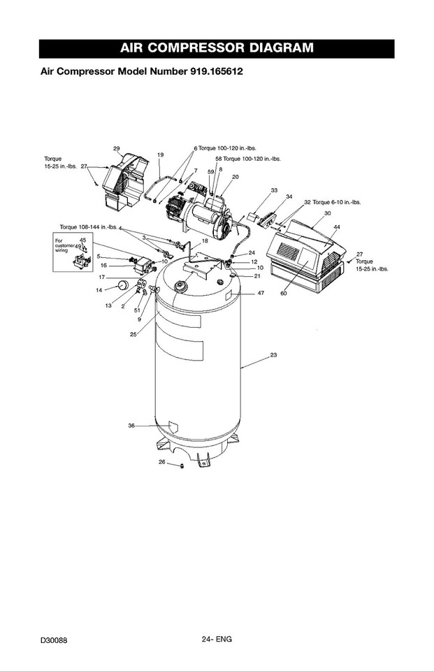 Owners Manual & Parts List Craftsman Stationary Air Compressor -Model ...
