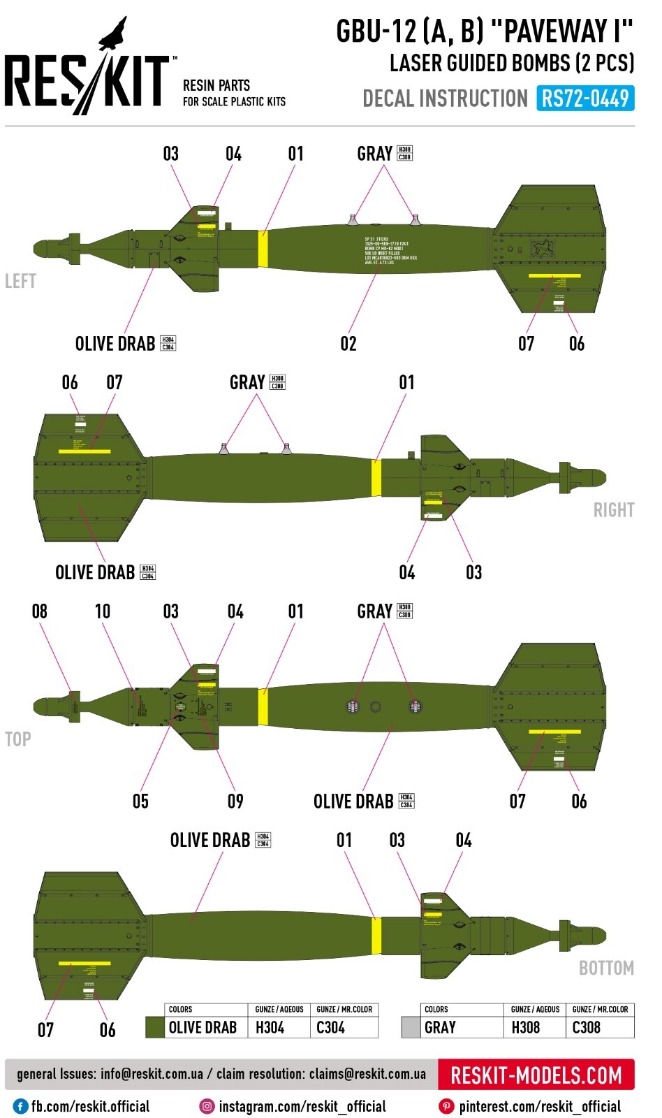 GBU-12 A,B Paveway I laser guided bombs 2pcs 1:72 ResKit RS72-0449 for ...