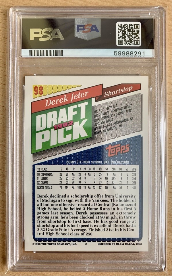 Derek Jeter 1992 Topps (1992 Draft Pick) Rookie #98 PSA 9 Mint RC ...