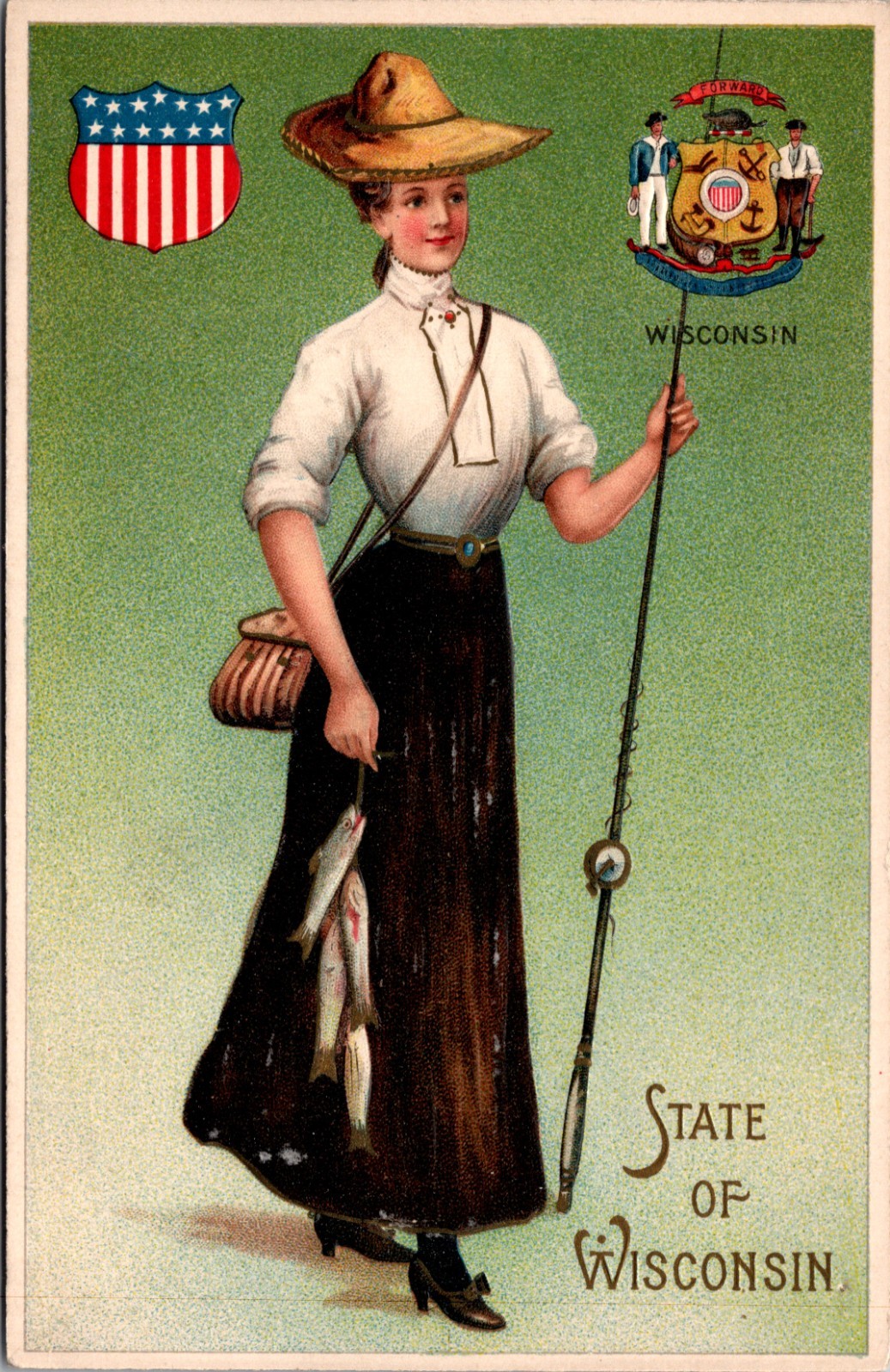 State of Wisconsin Lady with Fishing Rod Embossed 1907 Made in Germany ...
