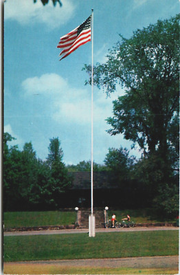 Postcard NY Allegany State Park Quaker Road Ranger Station Flag Steps ...